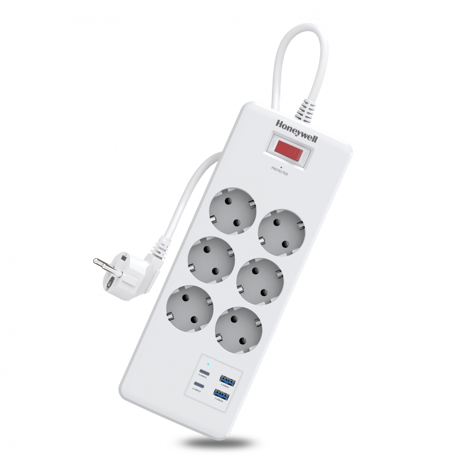Honeywell 6lı Akım Koruyucu Priz 2x USB-A + 2x USB-C 20W PD - Beyaz ...
